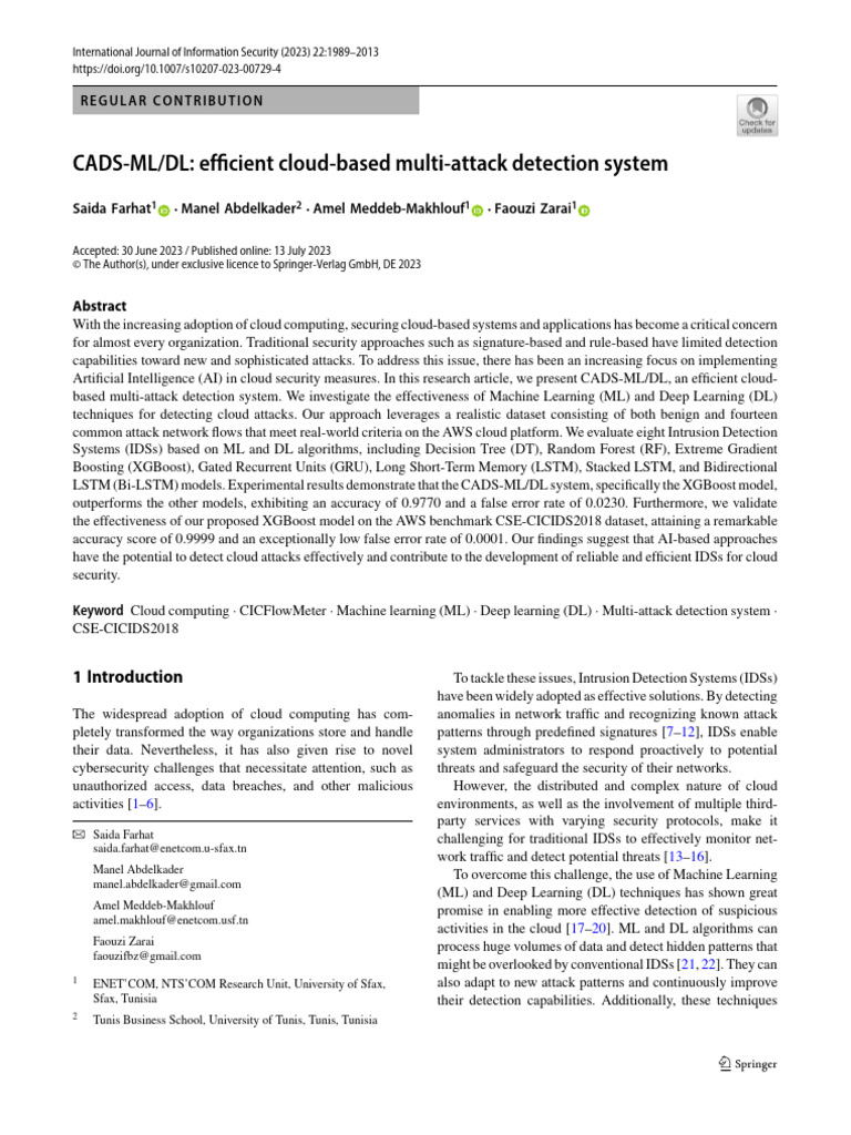 CADS-MLDL Efficient Cloud-Based Multi-Attack Detection System | PDF