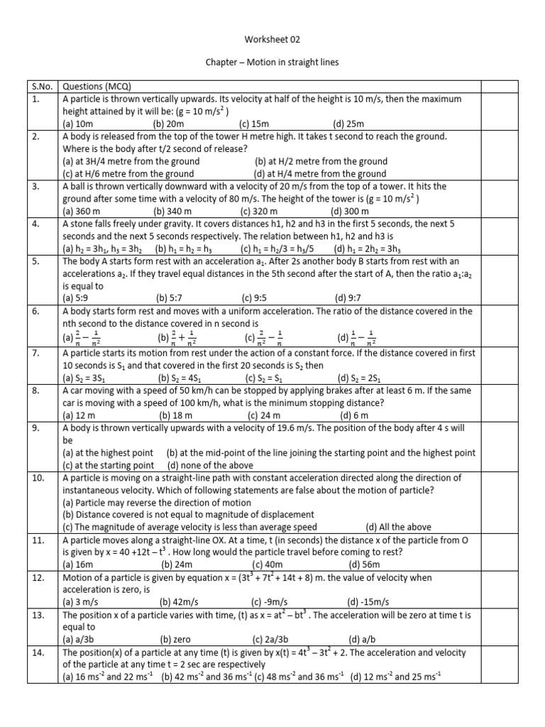 Worksheet 02 Motion in A Straight Line-1 | PDF