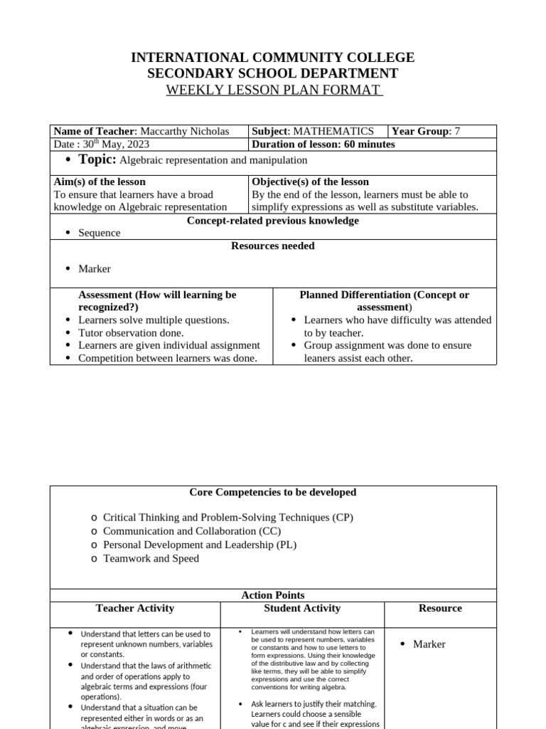 Lesson Plan Year7 | PDF