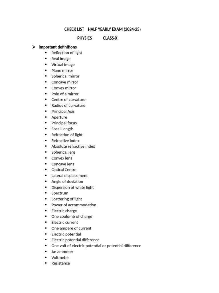 Check List-X Half Yearly Exam | PDF