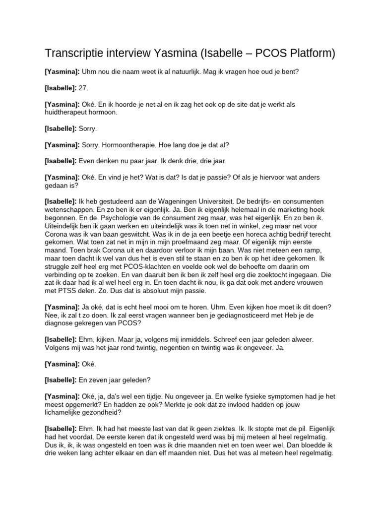 Integratie - Transcriptie Interview Isabelle PCOS | PDF