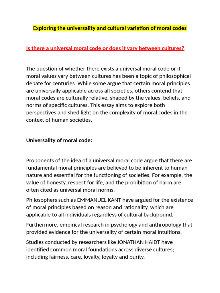 Exploring The Universality and Cultural Variation of Moral Codes | PDF