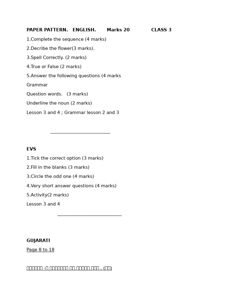 Paper Pattern. English. Marks 20 Class 3 | PDF
