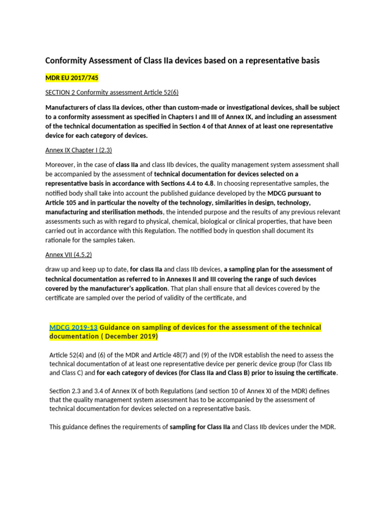 Conformity Assessment of Class IIa Devices Based On A Representative ...