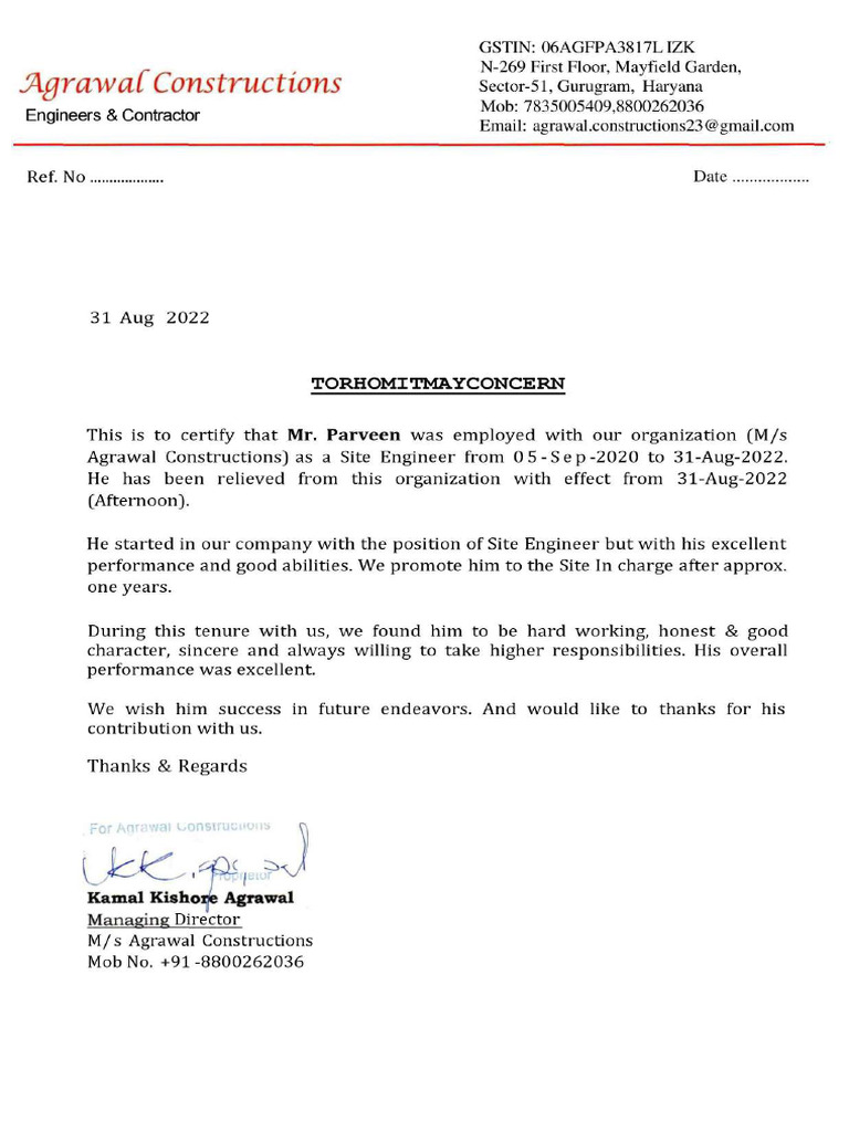Experience Letter Praveen | PDF