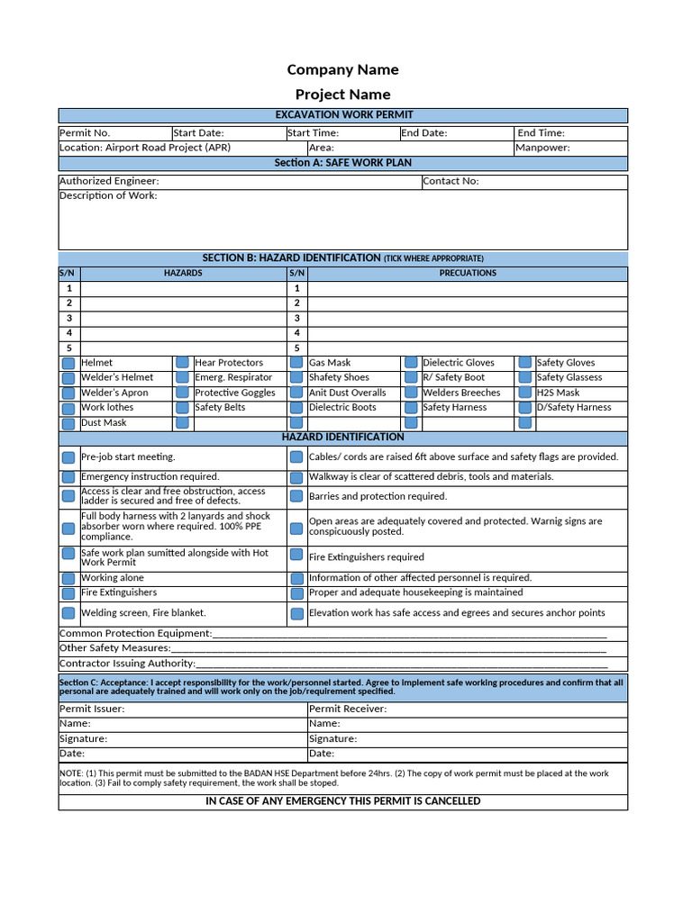 Excavation Work Permit | PDF