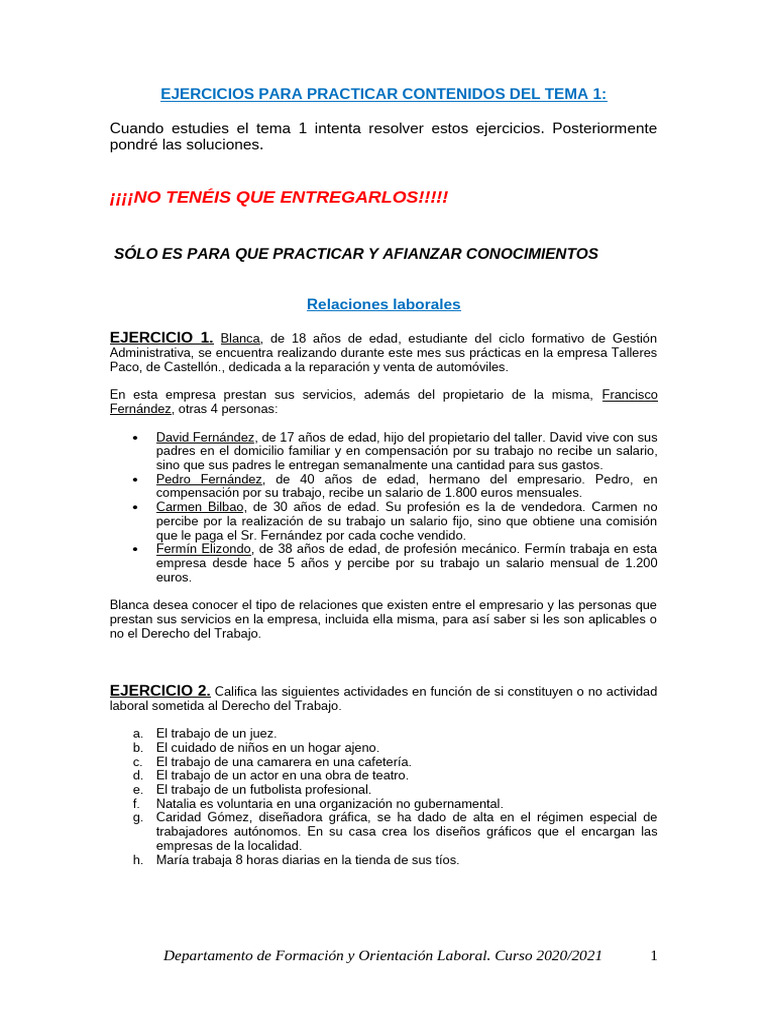 Ejercicios para Practicar Contenidos Del Tema 1 | PDF | Derecho laboral | Crecimiento personal y ...
