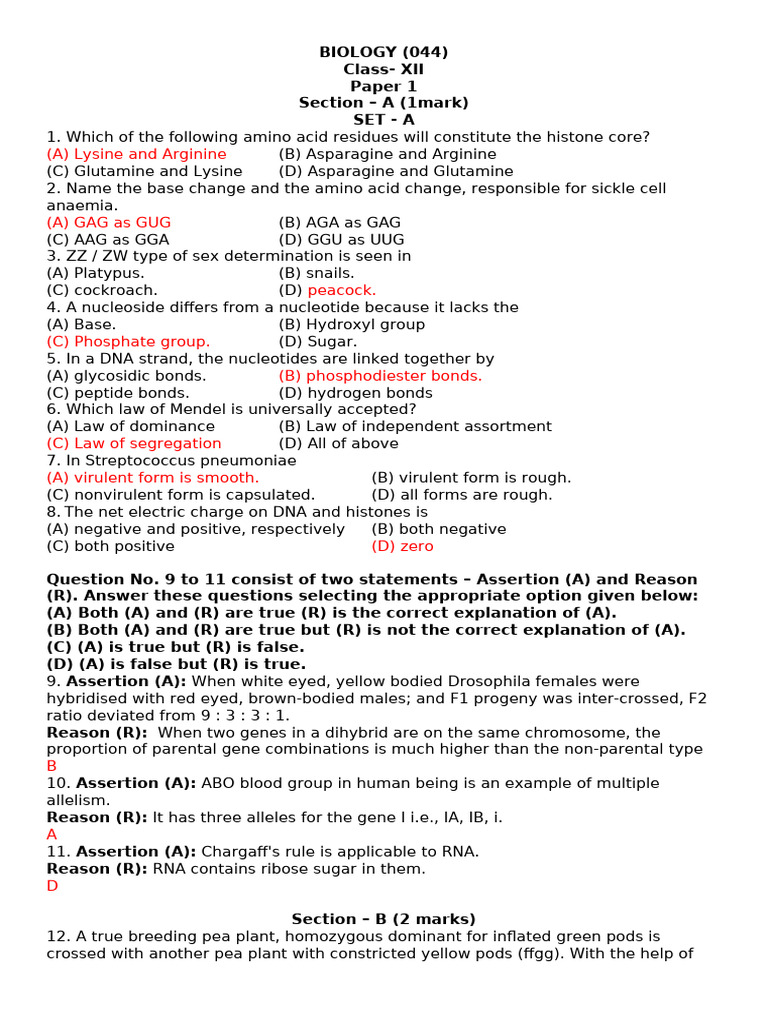 Biology 12 Paper Set A Ans Key | PDF