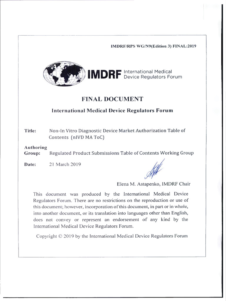 Non-In Vitro Diagnostic Device Market Authorization Table of Contents ...