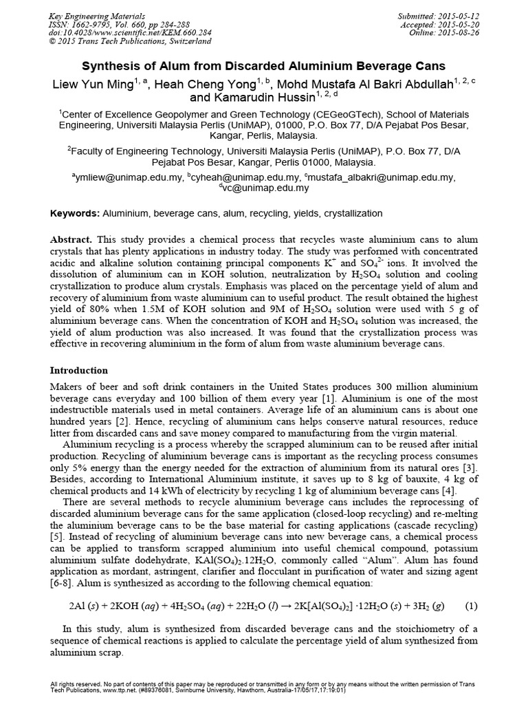 Synthesis of Alum From Discarded Aluminium Beverage Cans | PDF
