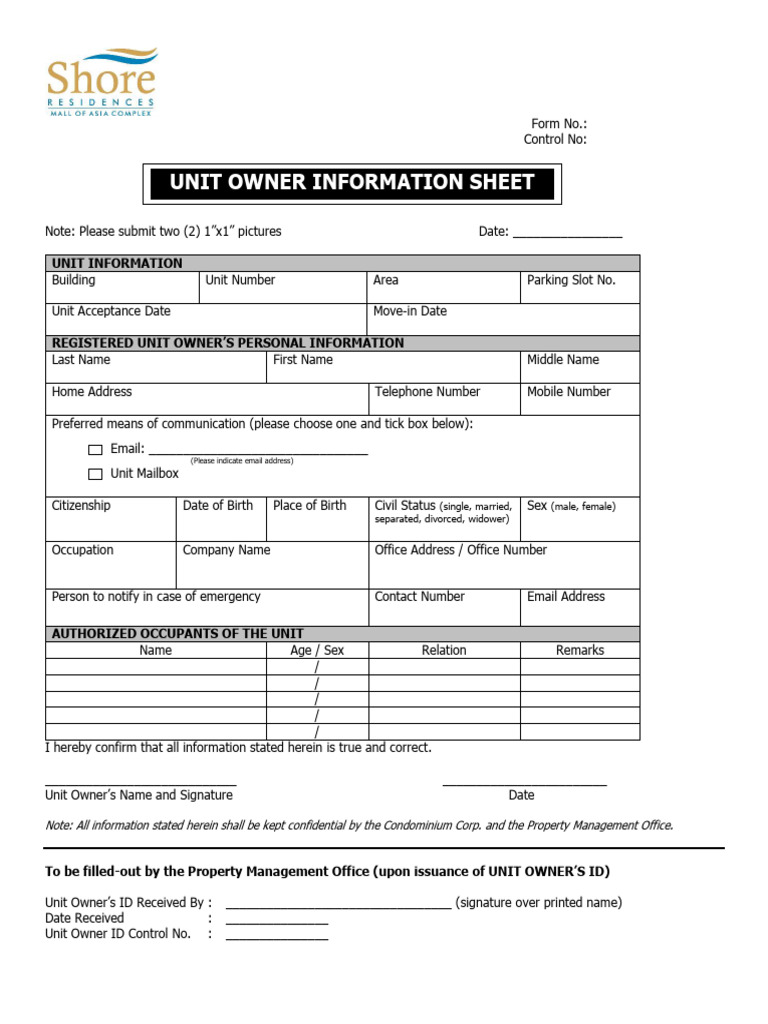 UNIT OWNER INFORMATION SHEET | PDF