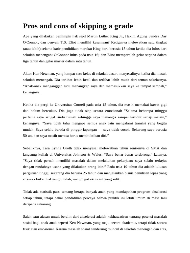 Pros and Cons of Skipping a Grade | PDF