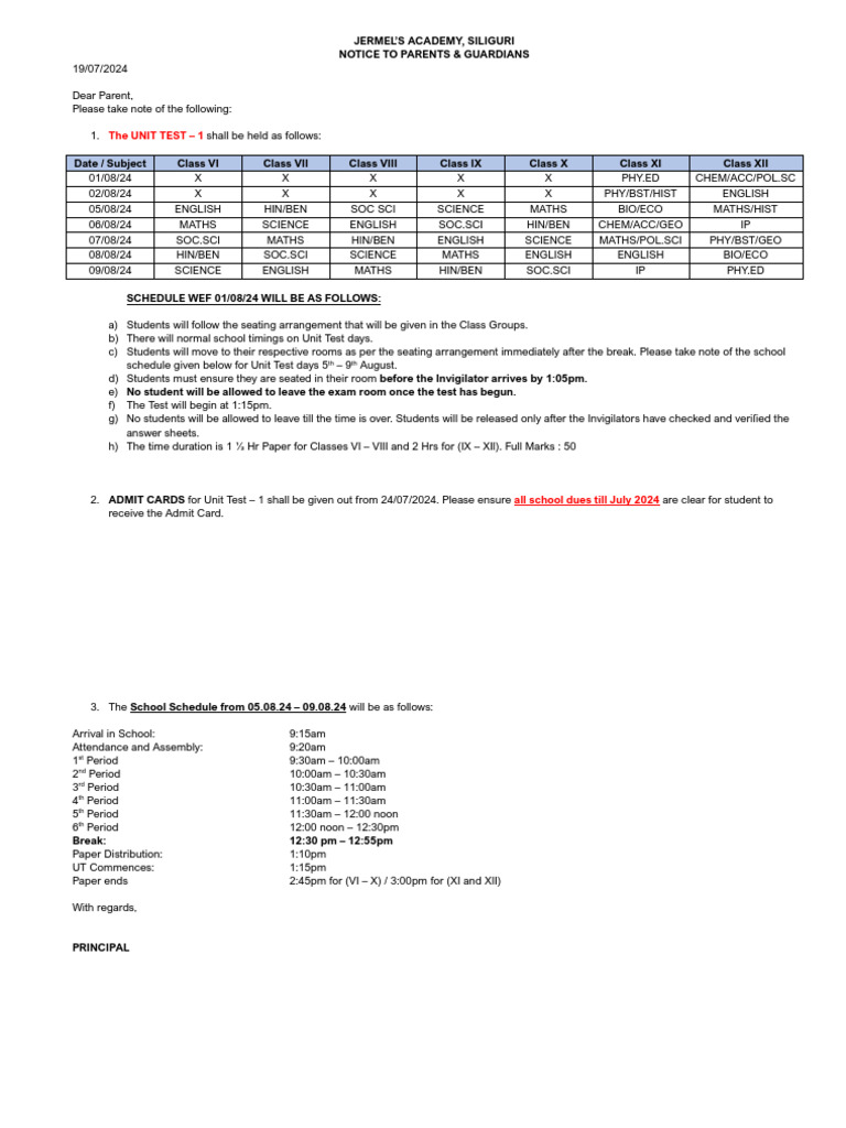 Notice - Unit Test - 1 TT August 2024 | PDF
