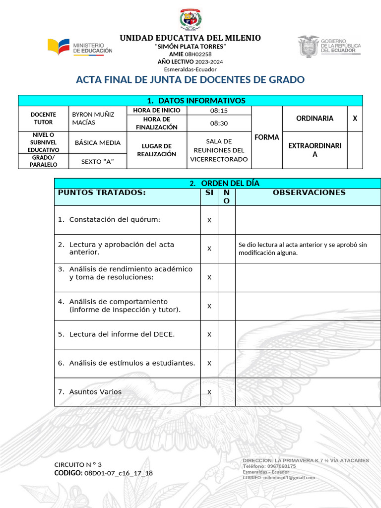 ACTA DE JUNTA DE CURSO Séptimo A 2024 1T | PDF