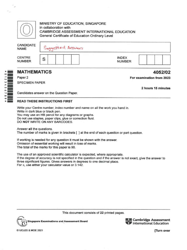 4052 Emath Specimen Paper 2 Answers | PDF