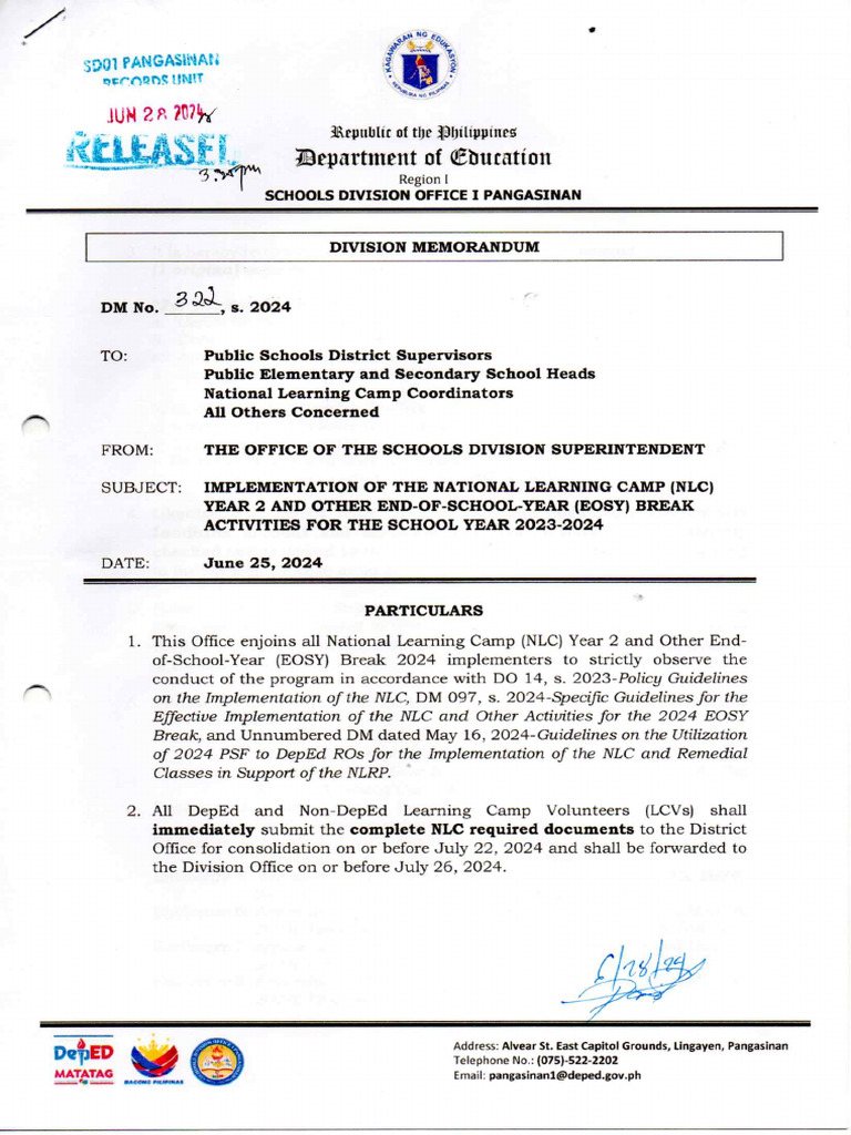 Division Memo 322 - Implementation of The NLC Page 1 | PDF