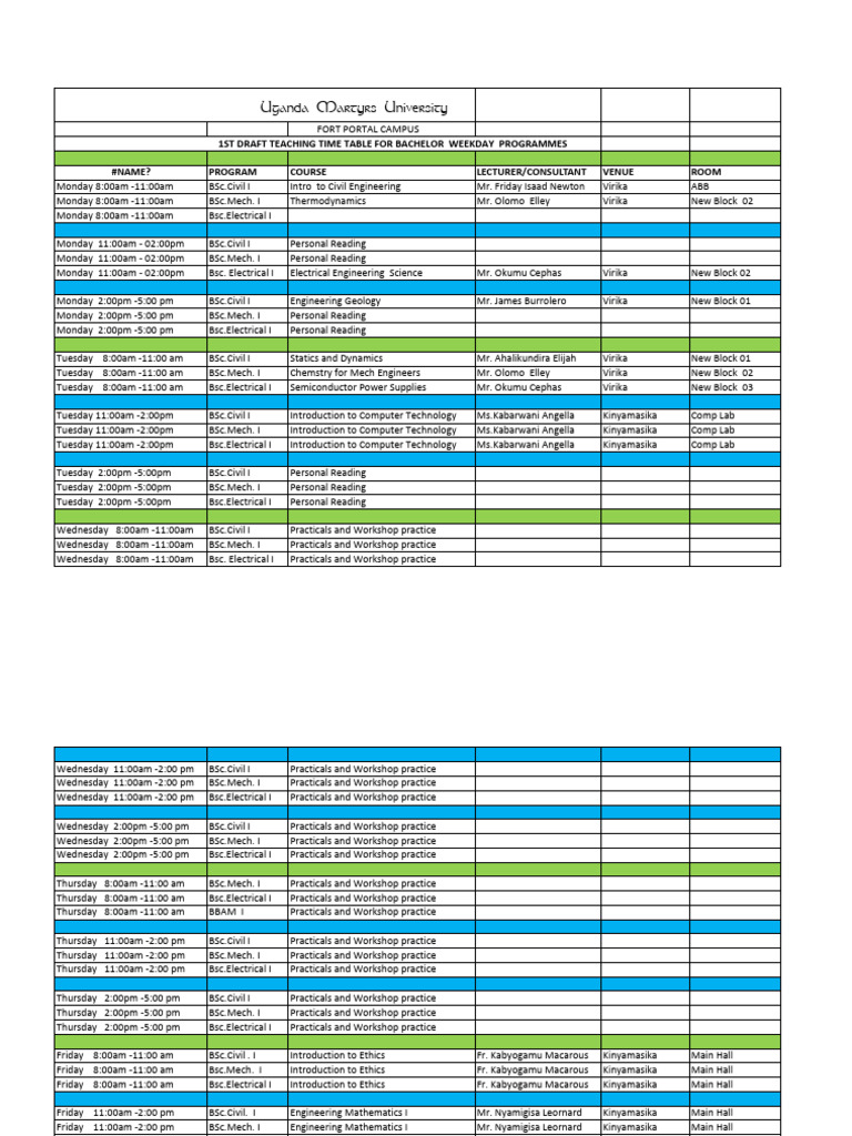 2ND Draft Bachelor Teaching Timetable First Year Day August To December 2024 | PDF | Engineering ...