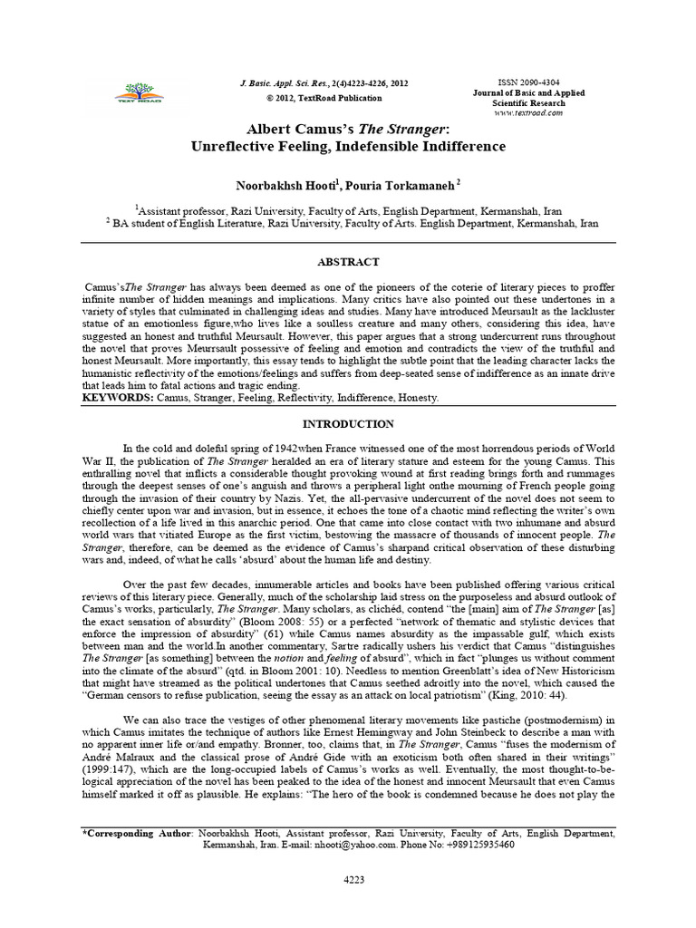 Albert Camus's The Stranger: Unreflective Feeling, Indefensible ...