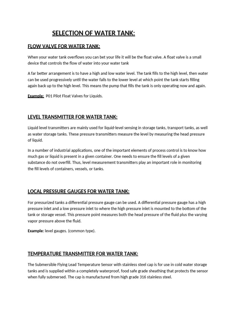 water tank selection criteria | PDF
