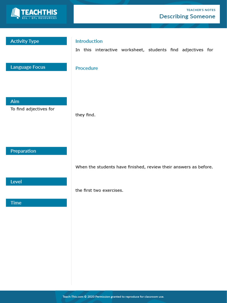 Describing Someone Interactive Worksheet Teachers Notes | PDF
