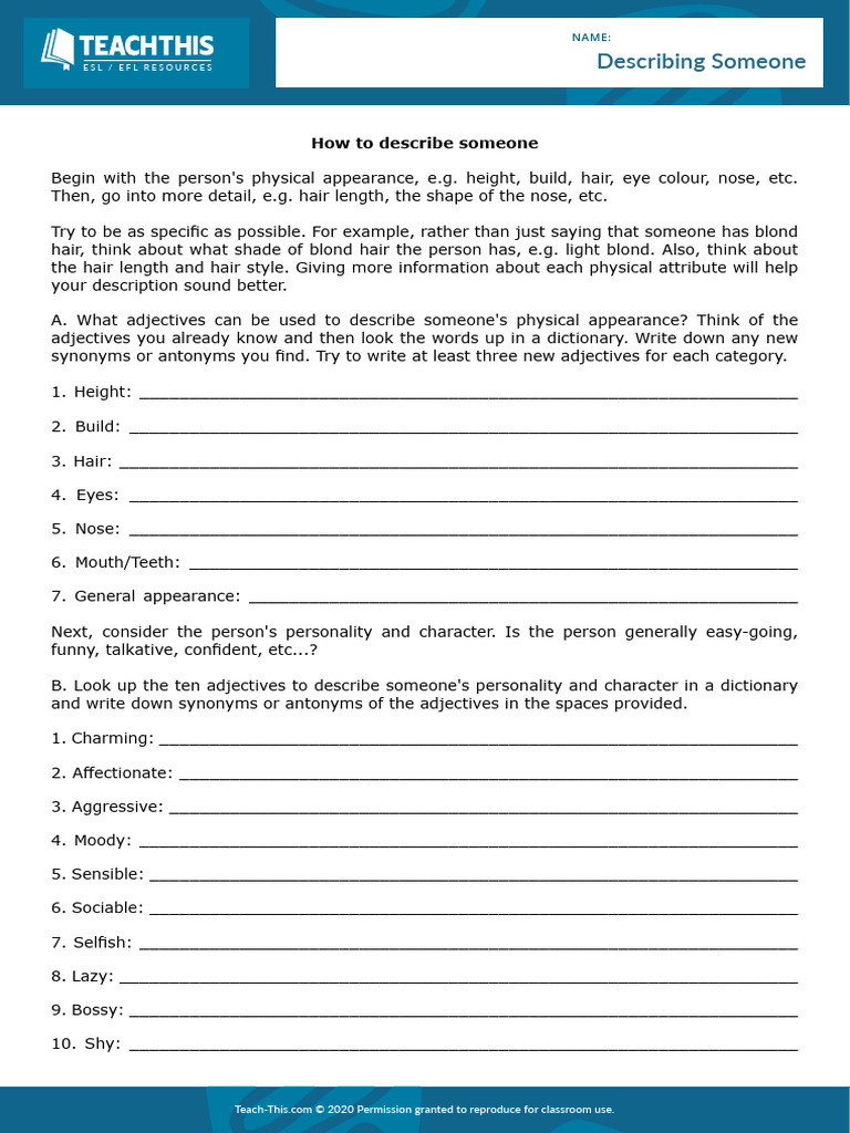 Describing Someone Interactive Worksheet | PDF