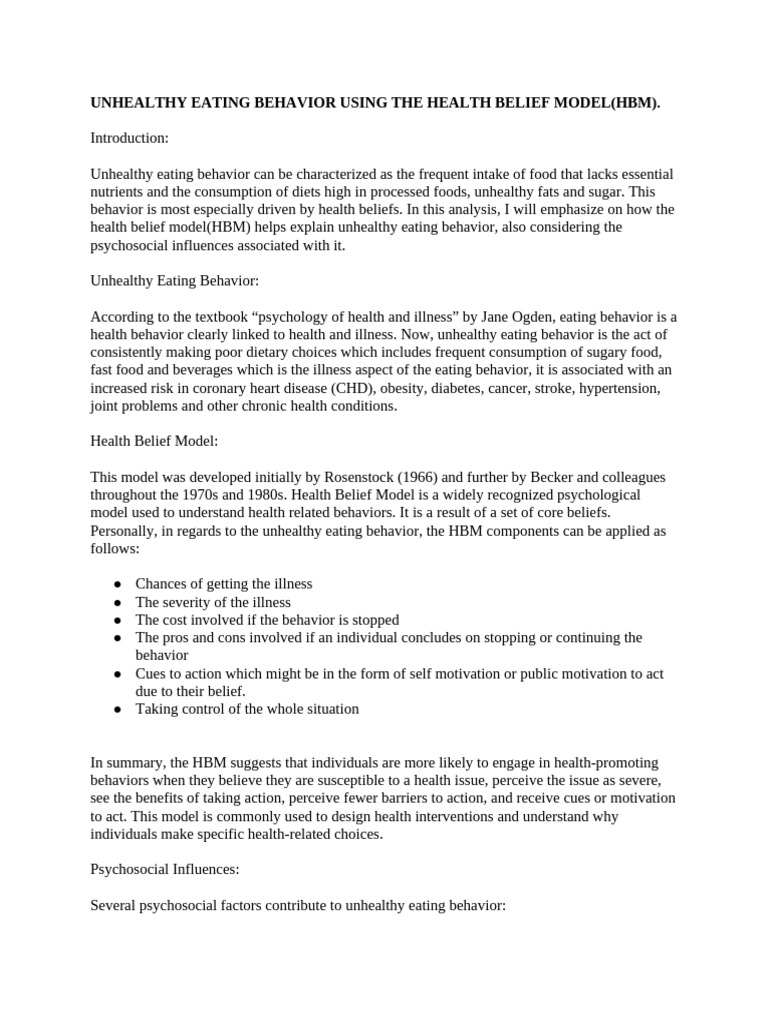 Unhealthy Eating Behavior Using The Health Belief Model (HBM) | PDF