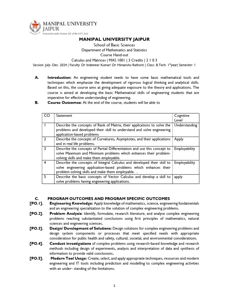 CAM (MA1001) - Course Handout | PDF | Matrix (Mathematics) | Art