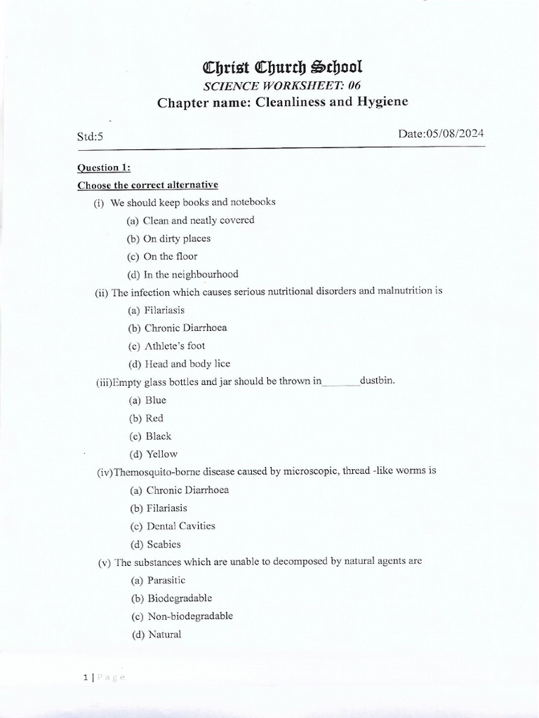 STD 5 Science Worksheet 6 | PDF