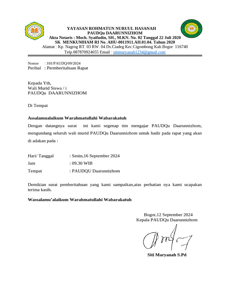 Surat Rapat Manasik Paud Dan Dta6 | PDF