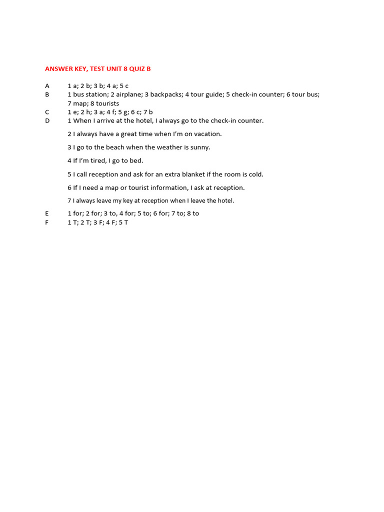 Evolve L2 Unit 8 Quiz B AnswerKey | PDF