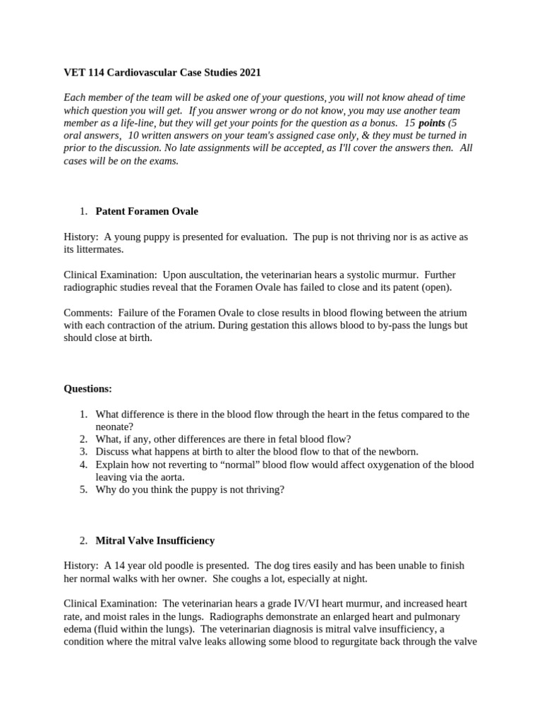 Cardiovascular Case Studies for VET 114 | PDF | Edema | Science ...