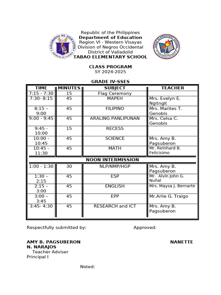Teachers and Class Program Grade 4 SY 2024 2025 | PDF Teachers and Class Program Grade 4 SY 2024 2025 | PDF