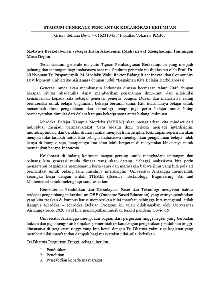 STADIUM GENERALE PENGANTAR KOLABORASI KEILMUAN | PDF