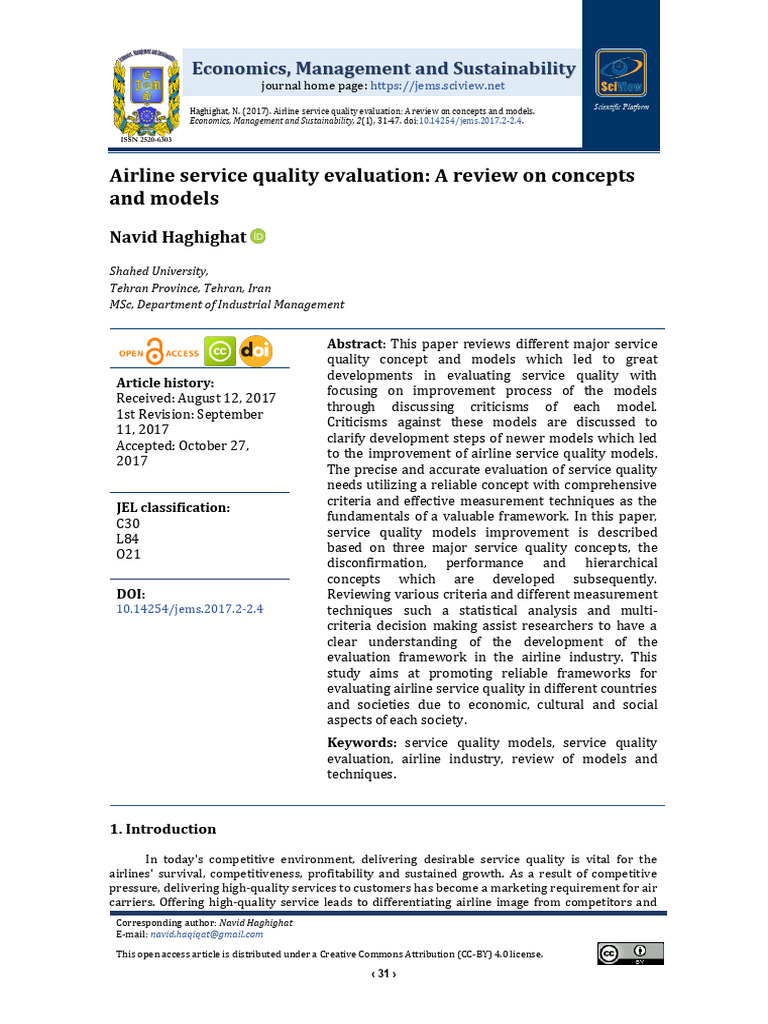 Airline Service Quality Evaluation A Review On Concepts and Models | PDF