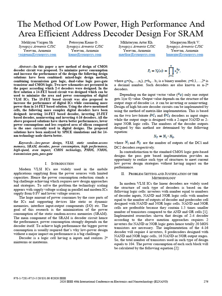 The Method of Low Power High Performance and Area Efficient Address Decoder Design For SRAM | PDF