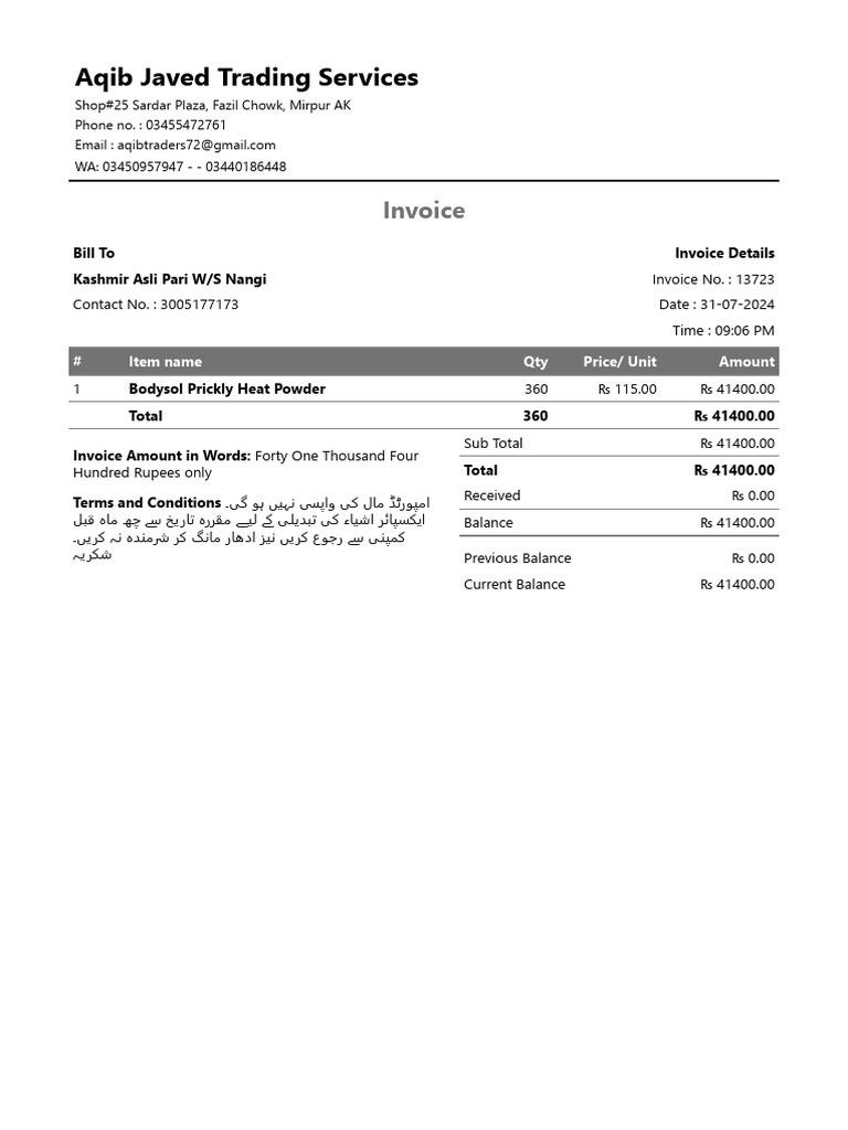 Aqib Javed Trading Invoice 13723 | PDF