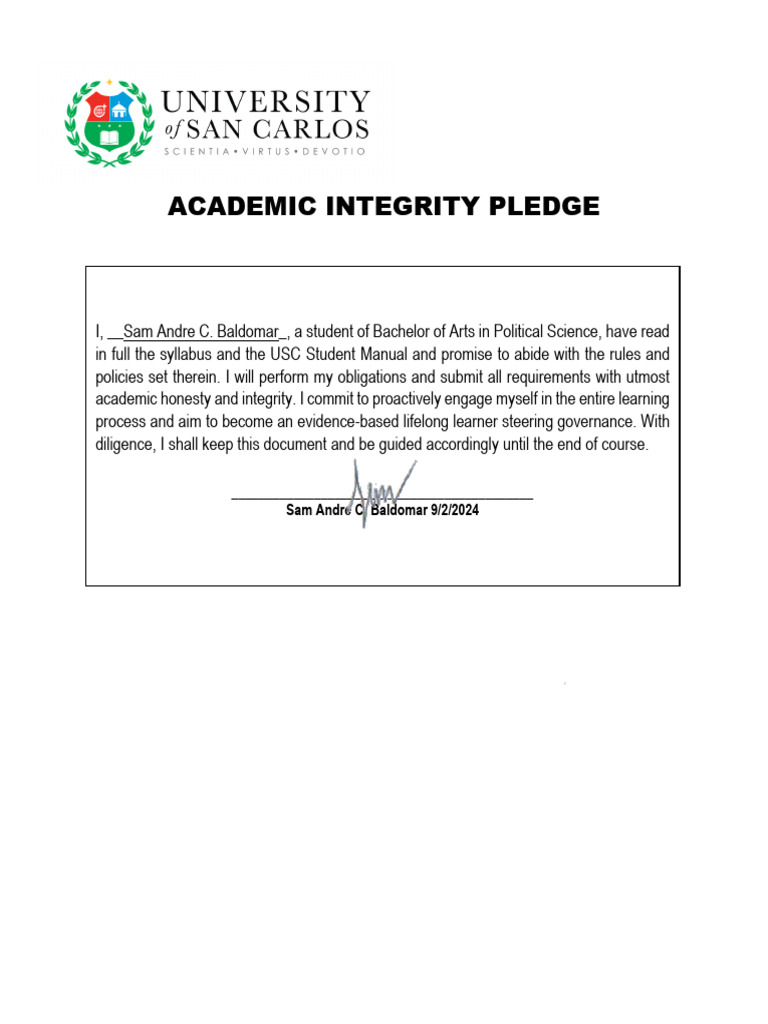 Academic Integrity Pledge Baldomar | PDF