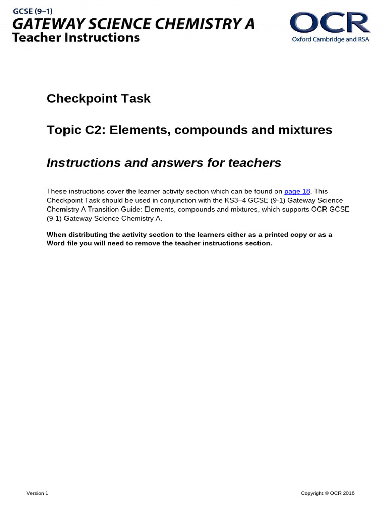 Elements Compounds and Mixtures Checkpoint Task | PDF | Periodic Table ...