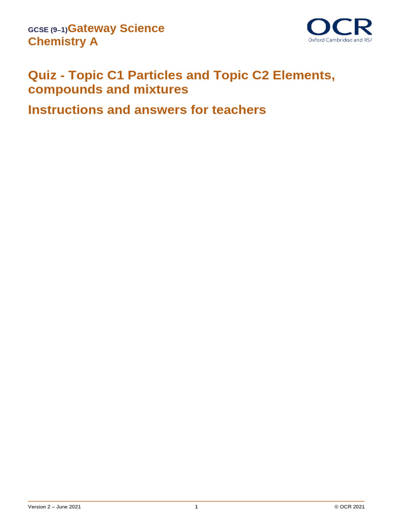 Quiz Topic c1 and c2 | PDF | Ionic Bonding | Chemical Bond