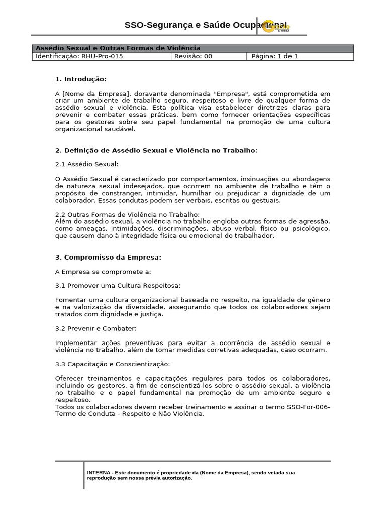 SSO-Pro-001-R00-Assédio Sexual e Outras Formas de Violência | PDF