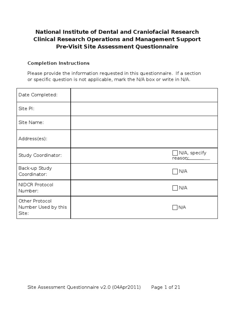 Site Assessment Questionnaire | PDF | Institutional Review Board ...