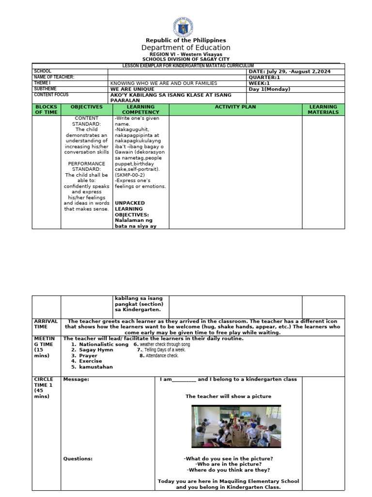 LESSON EXEMPLAR FOR KINDERGARTEN MATATAG CURRICULUM QUARTER1 WEEk 1-Final | PDF