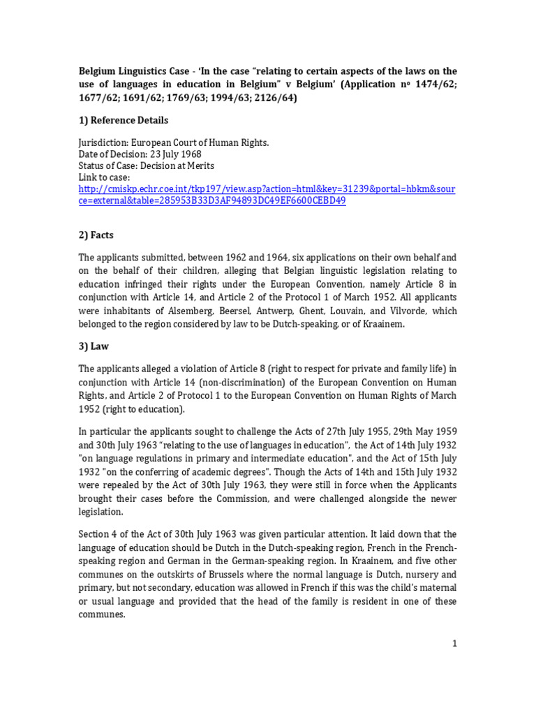 Belgian Linguistic Case Summary | PDF | European Convention On Human ...