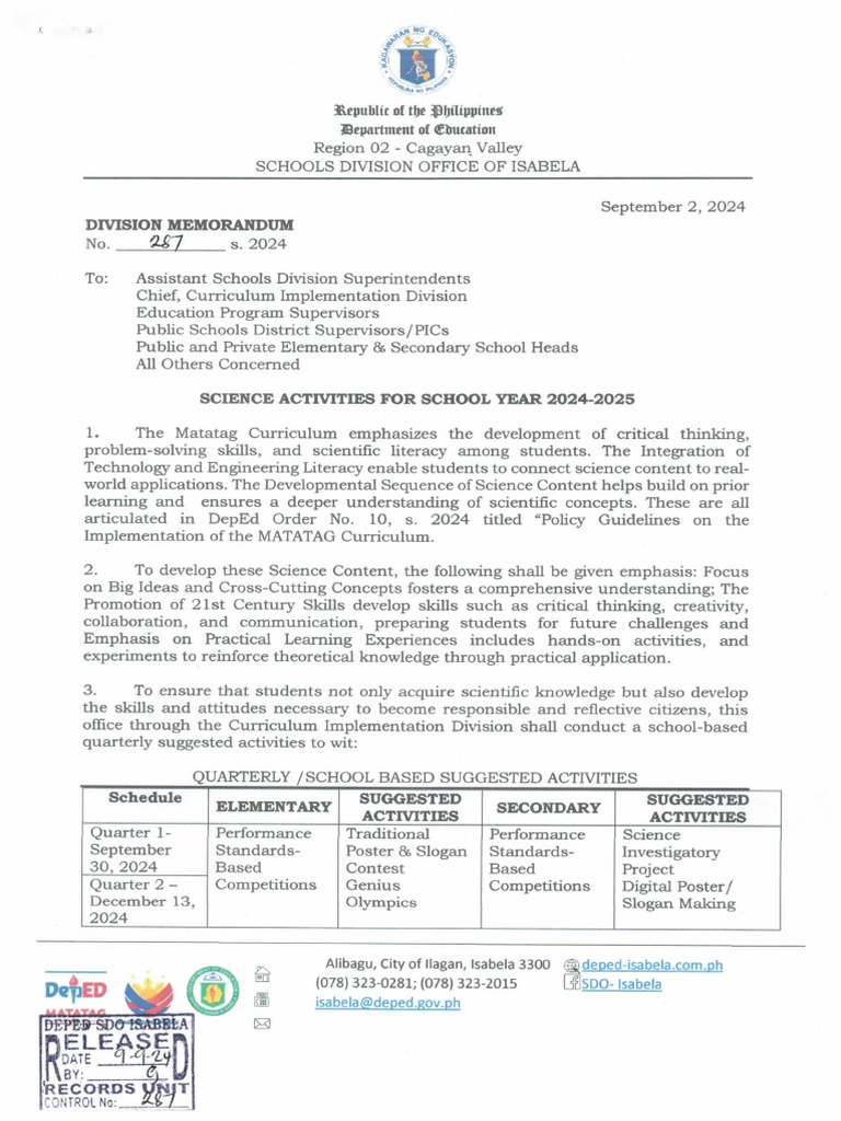 Dm. No. 287 S. 2024 Science Activities For School Year 2024 2025 | PDF