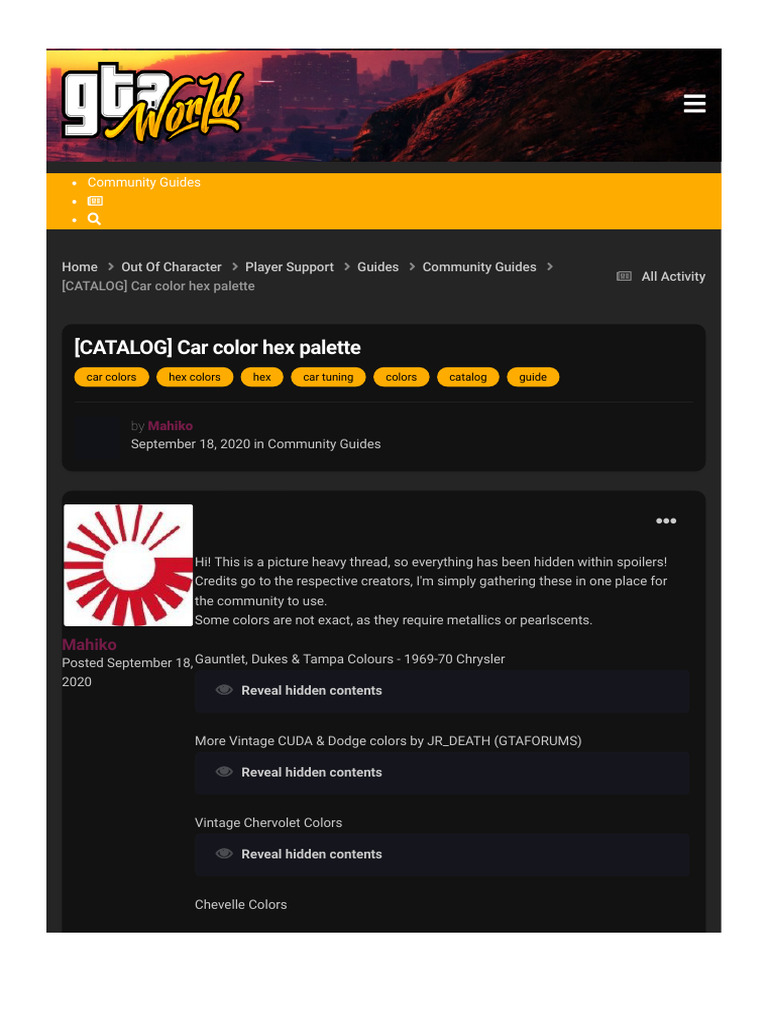 (CATALOG) Car Color Hex Palette - Community Guides - GTA World Forums - GTA V Heavy Roleplay ...