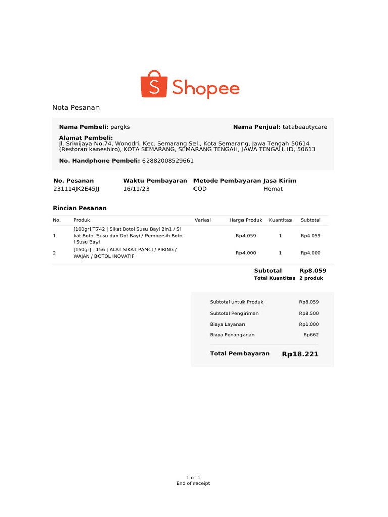 Nota Pembelian Tatabeautycare | PDF