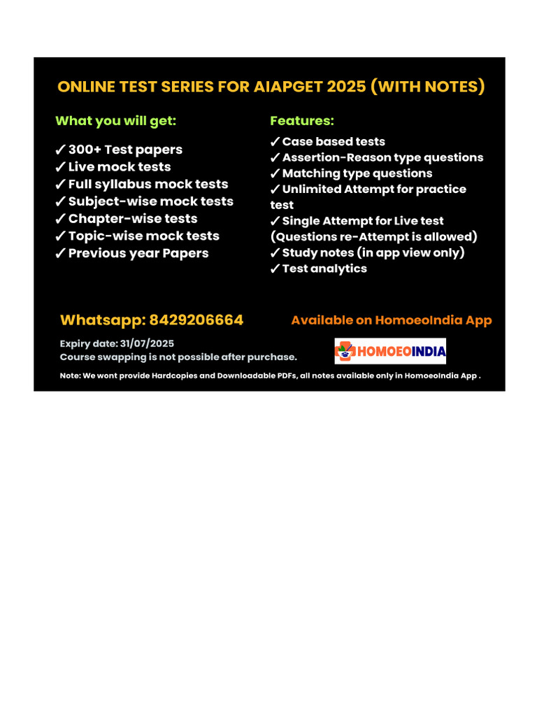 AIAPGET 2025 Homoeopathy Test Series | PDF | Homeopathy | Wellness
