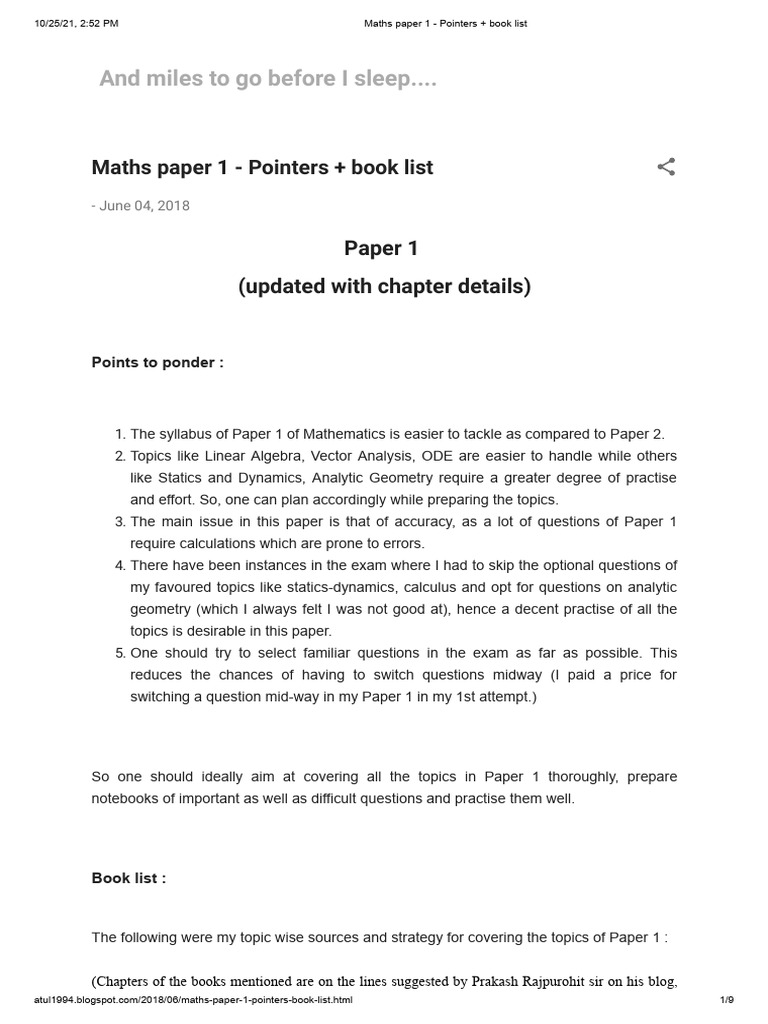 Maths Paper 1 - Pointers + Book List | PDF