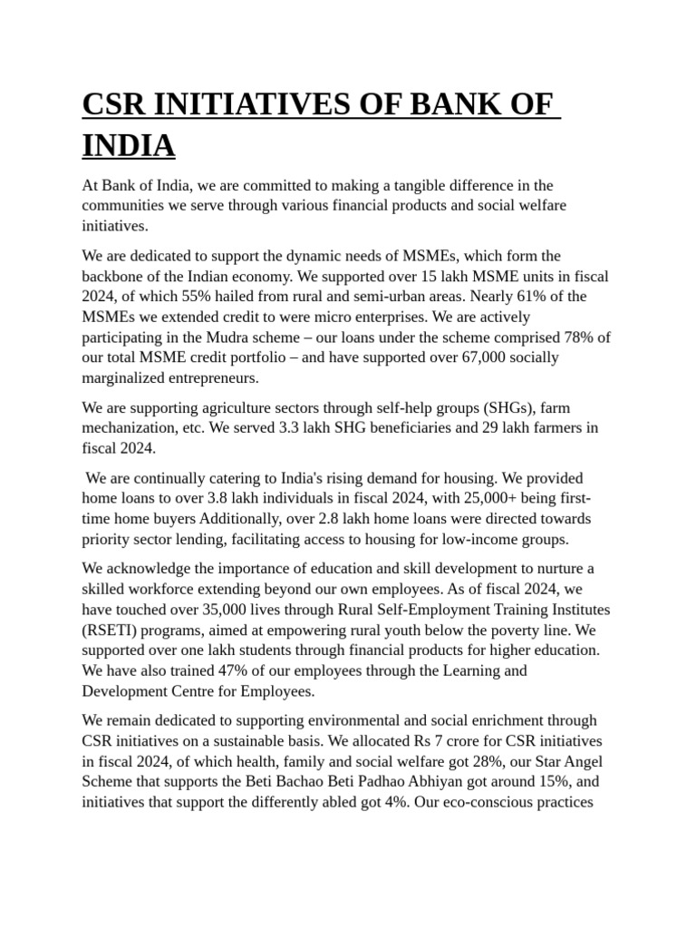 Bank of India CSR Initiatives Overview | PDF | Corporate Social ...