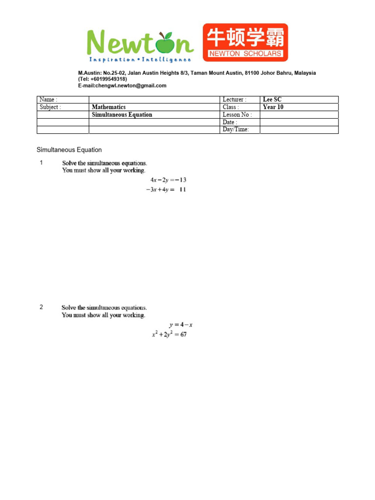Y10 Mathematics - Simultaneous Eq | PDF